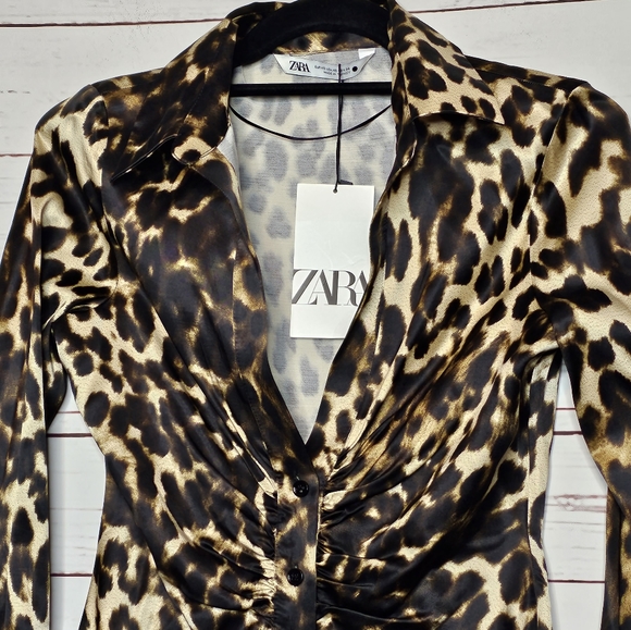 Zara | Tops | Zara Leopard Print Ruched Button Front Top | Poshmark